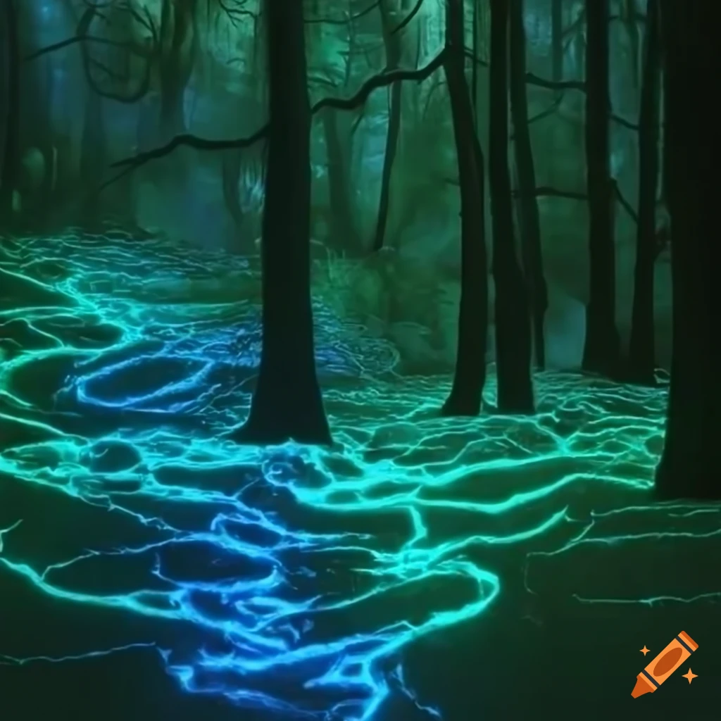 Biopunk paradise with glowing bioluminescent trees in a surreal forest on Craiyon