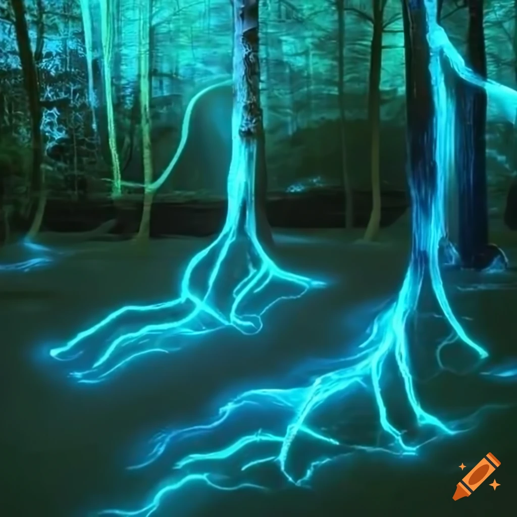 Biopunk paradise with glowing bioluminescent trees in a surreal forest on Craiyon