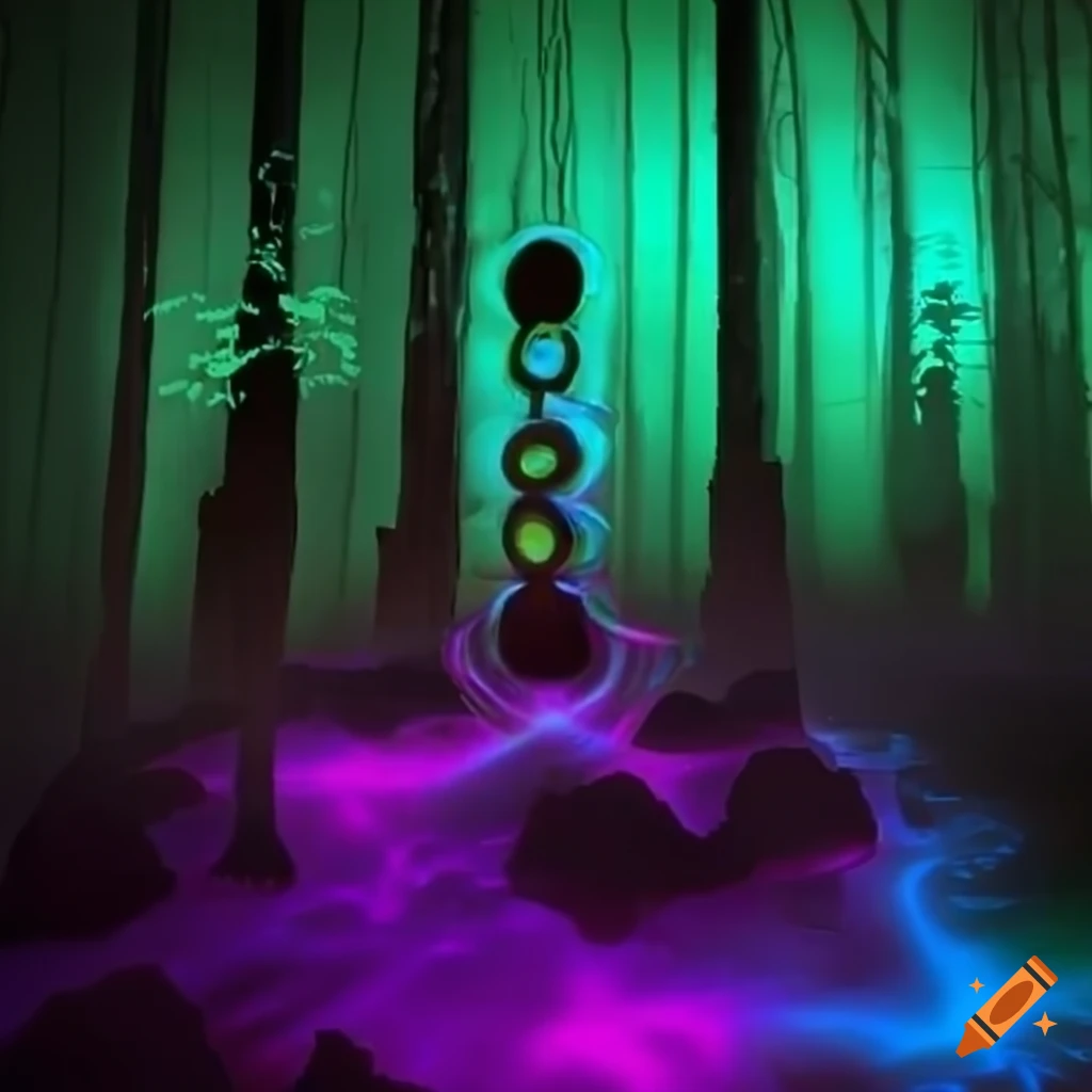 Biopunk forest merging nature and technology with glowing bioluminescent trees on Craiyon