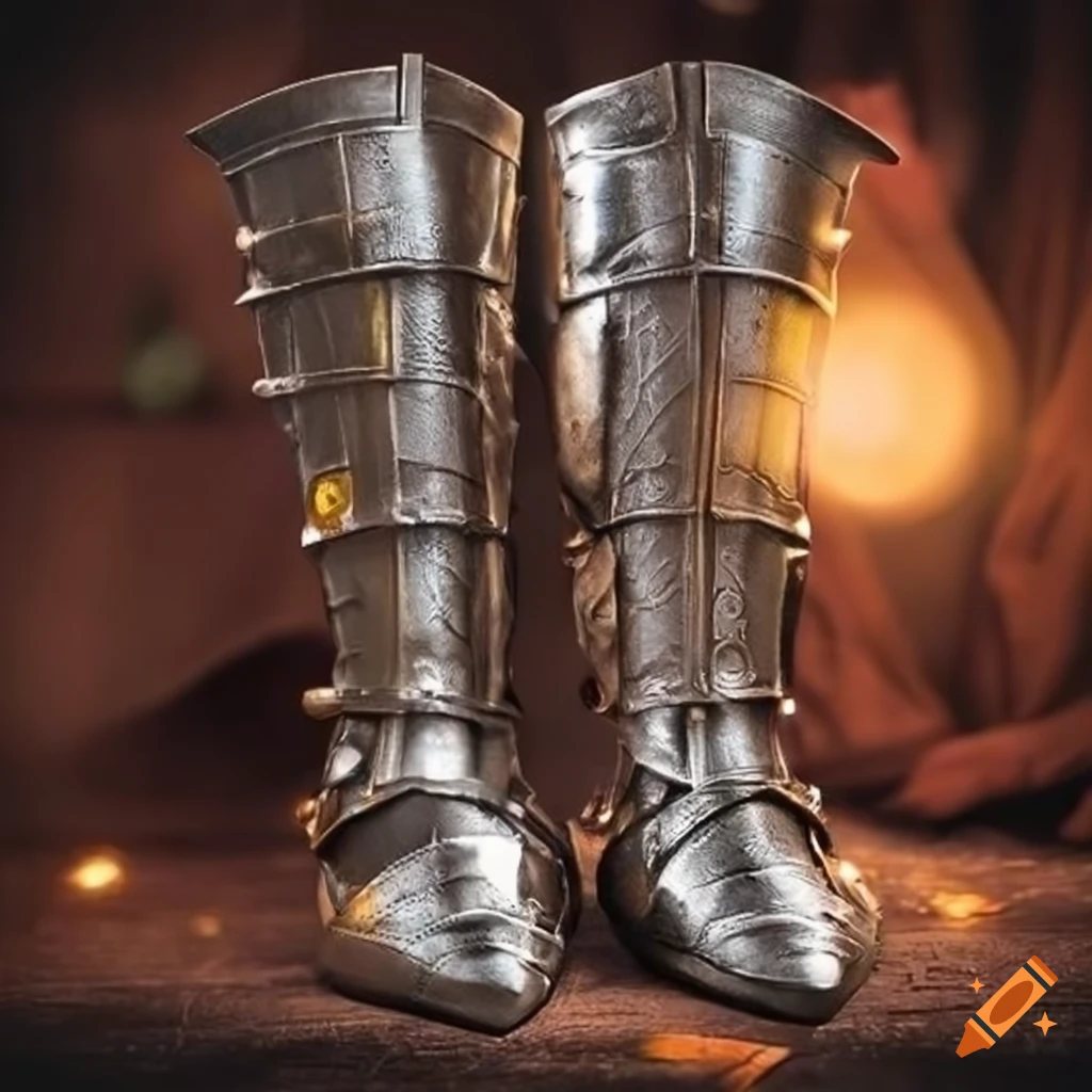 Medieval pair of adorned mithril plated knight boots with magical aura ...