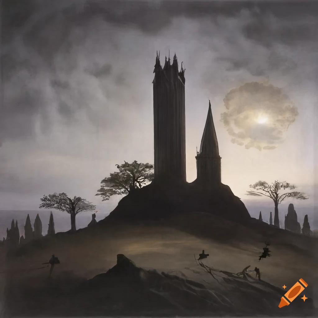 Surreal gothic landscape with black trees, desert wasteland, and a dark ...