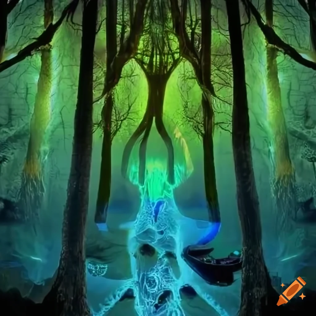 Surreal biopunk forest with glowing bioluminescent trees merging nature and technology on Craiyon