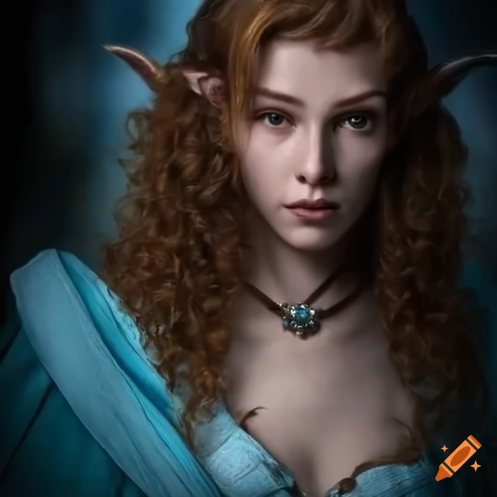Female half-elf in blue robes with a crystal necklace and cape on Craiyon