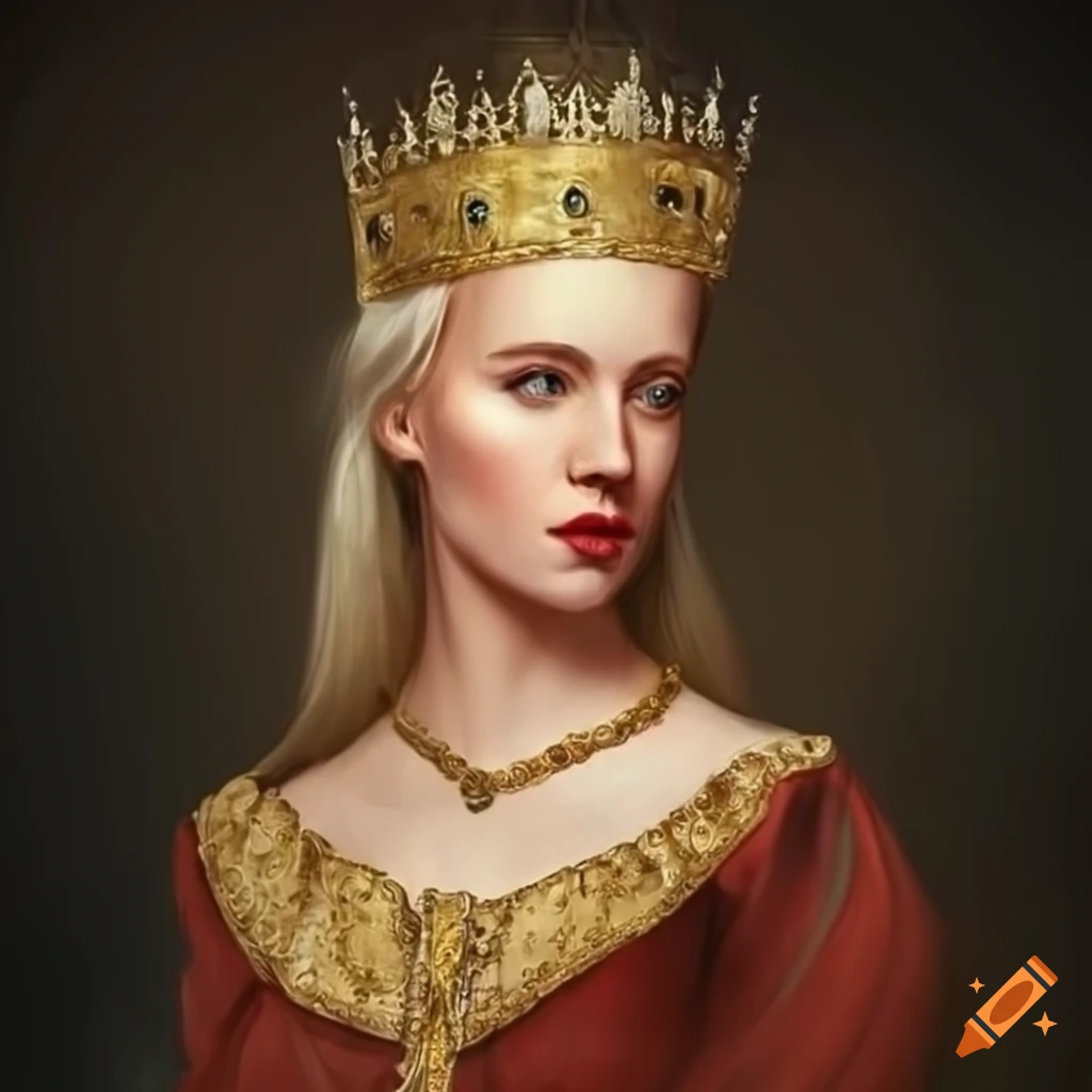 Portrait of a stunning blonde medieval queen in elegant attire on Craiyon