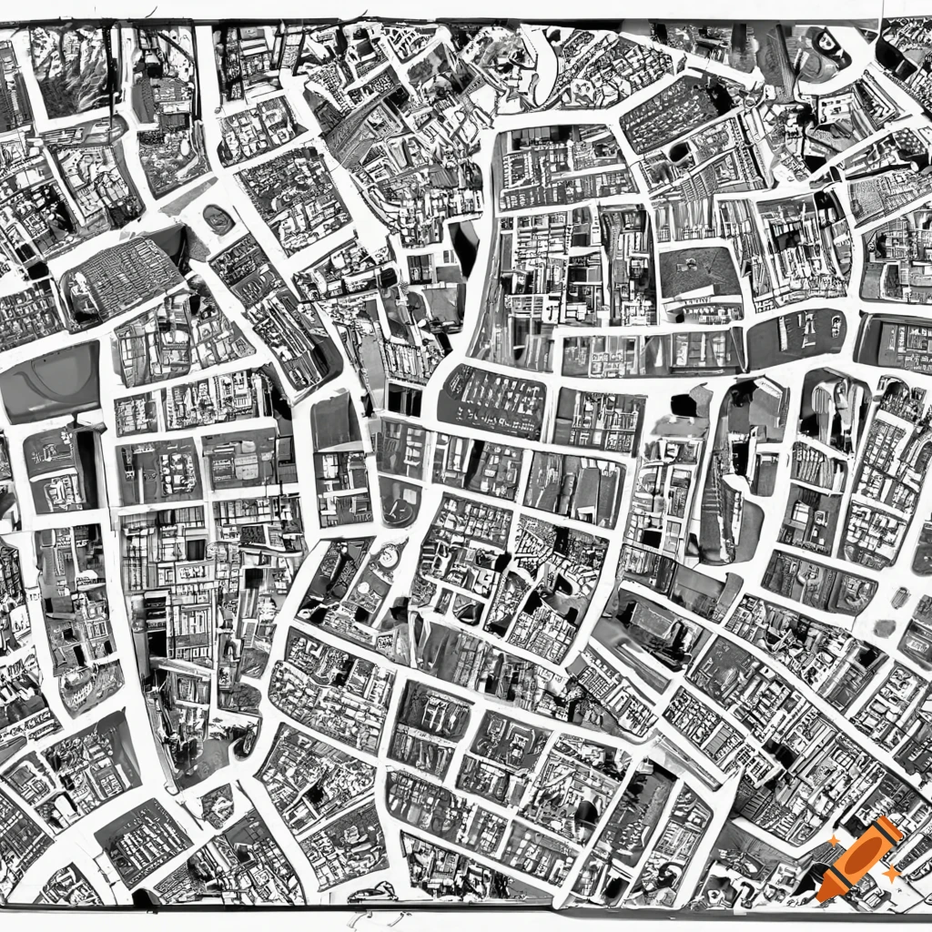 Overhead view of an urban town at dusk, showing streets, cars, houses ...