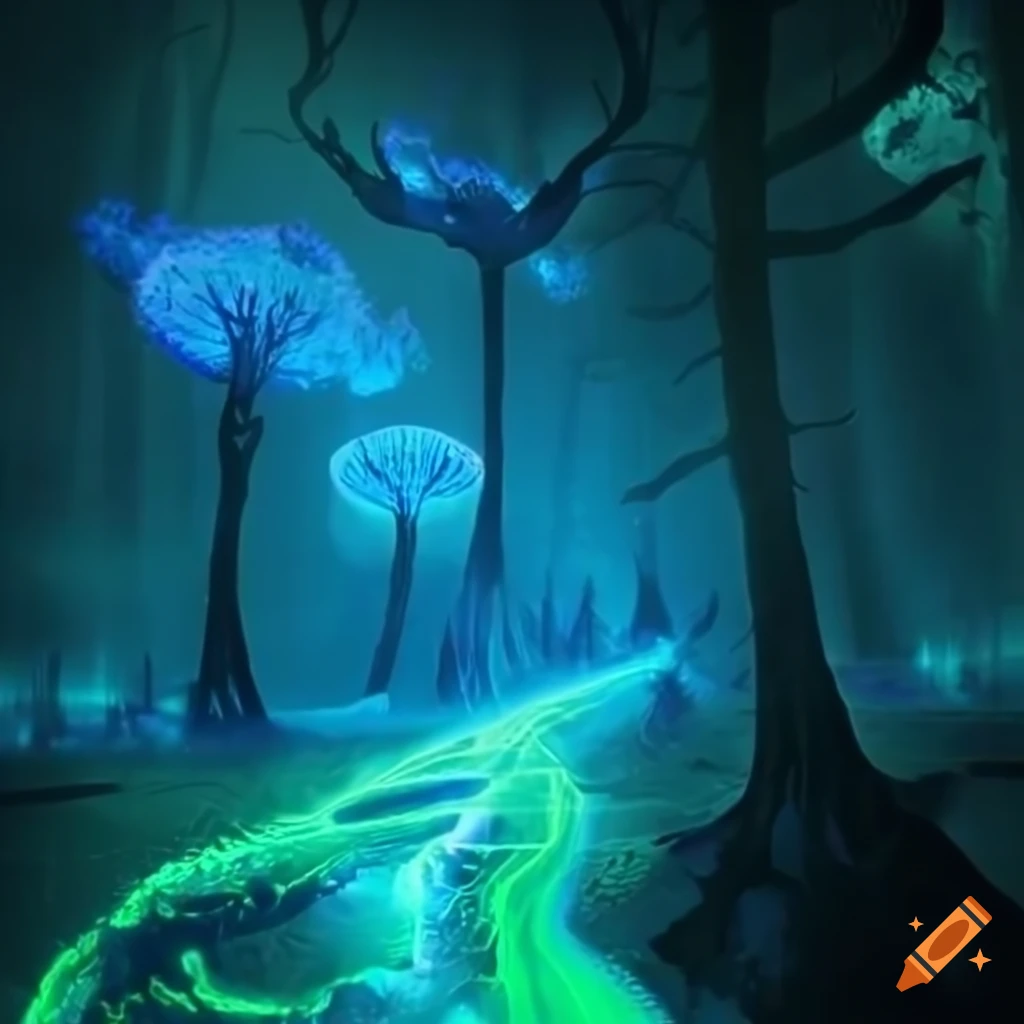 Biopunk paradise with glowing bioluminescent trees in a surreal forest on Craiyon