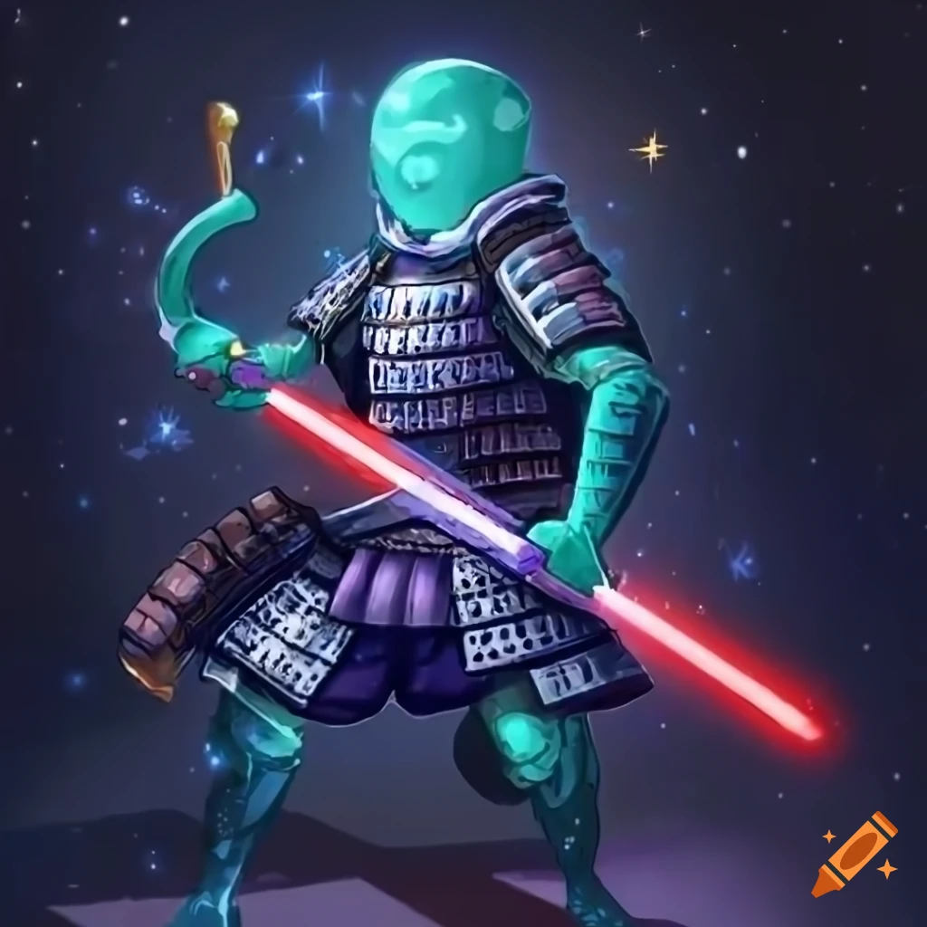 Galactic jelly man in samurai armor with a lightsaber and bow in anime ...