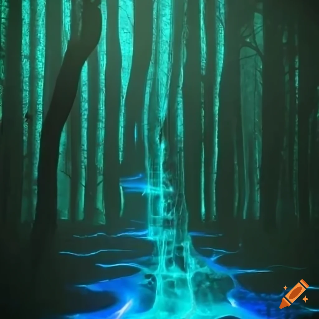 Surreal biopunk forest with glowing bioluminescent trees merging nature and technology on Craiyon