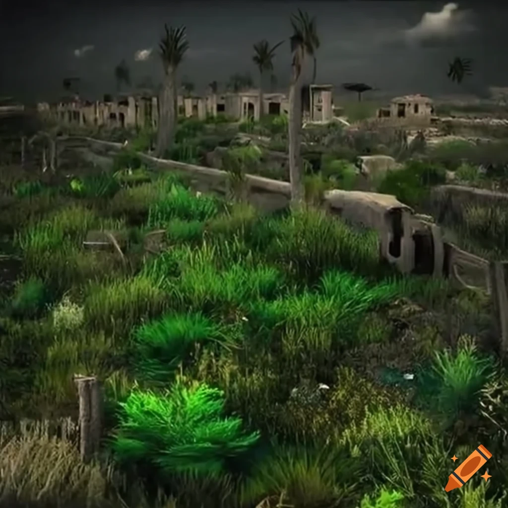 City surrounded by vegetation and birds, deserted and abandoned on Craiyon