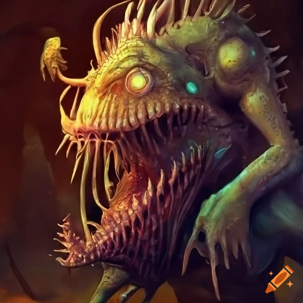 Lorbus the devourer, old giant angler-fish-man with glowing eyes in a ...