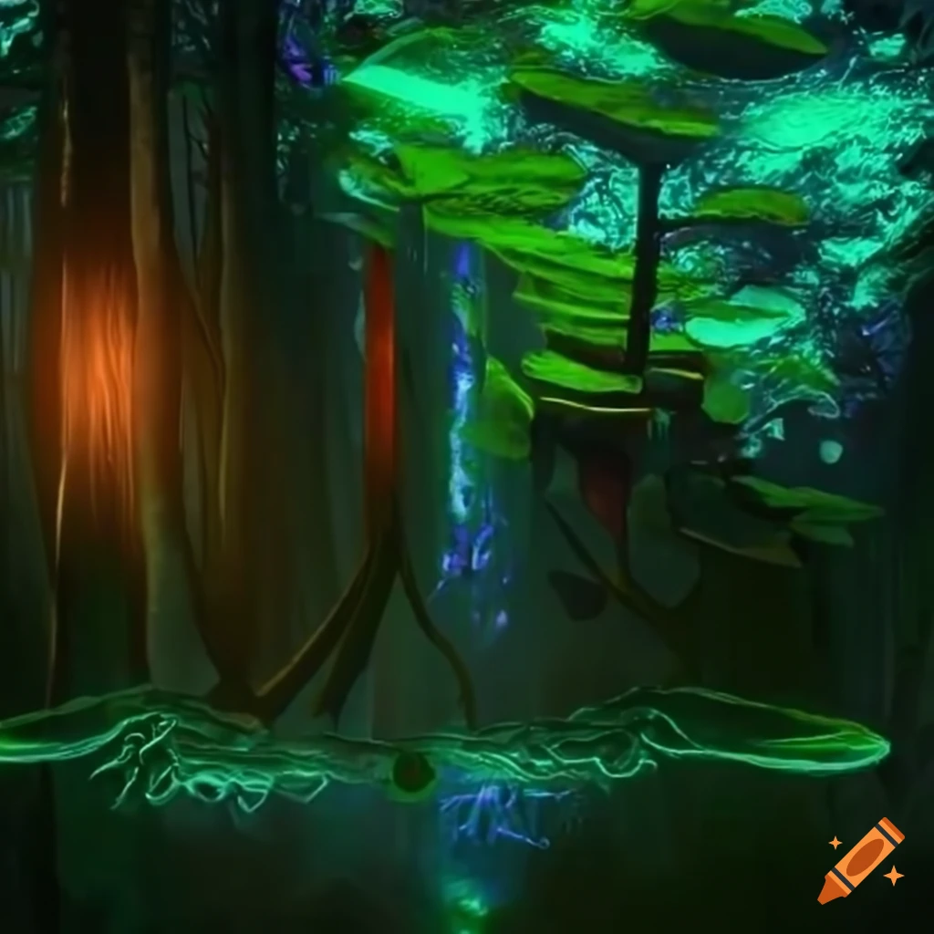 Biopunk paradise with glowing bioluminescent trees in a surreal forest on Craiyon