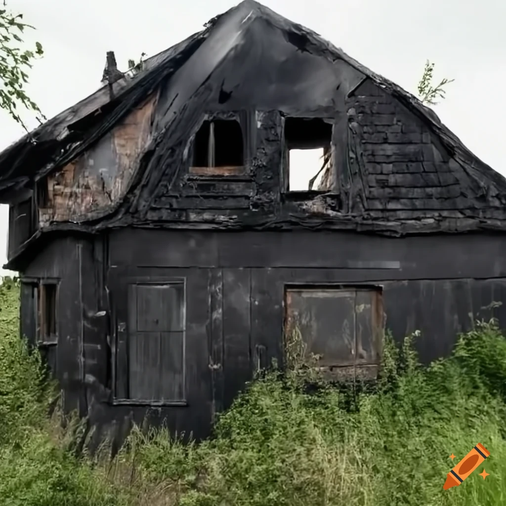 Small burnt house in a pale field on Craiyon