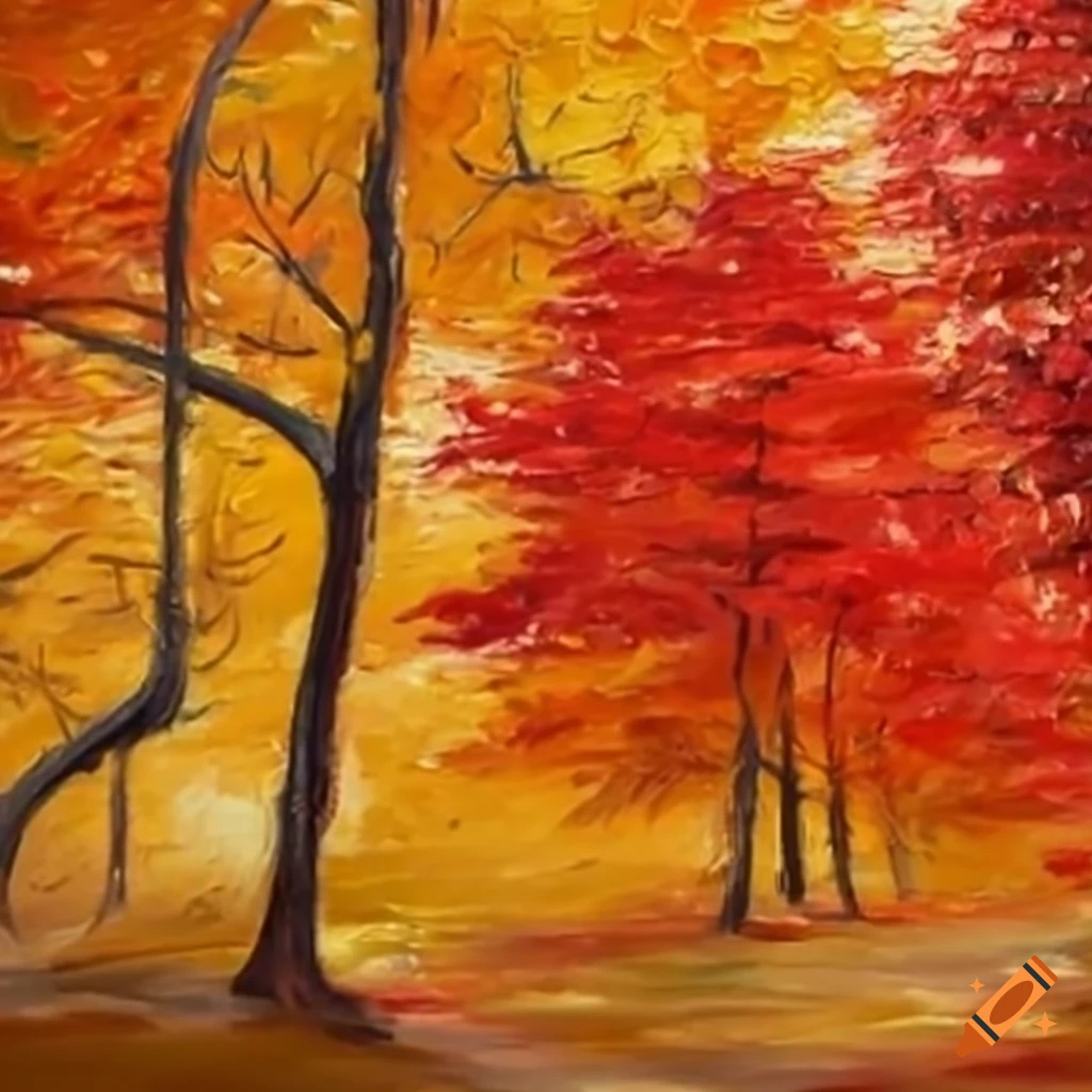 Beautiful autumn tree with red, orange, and yellow leaves shedding on Craiyon