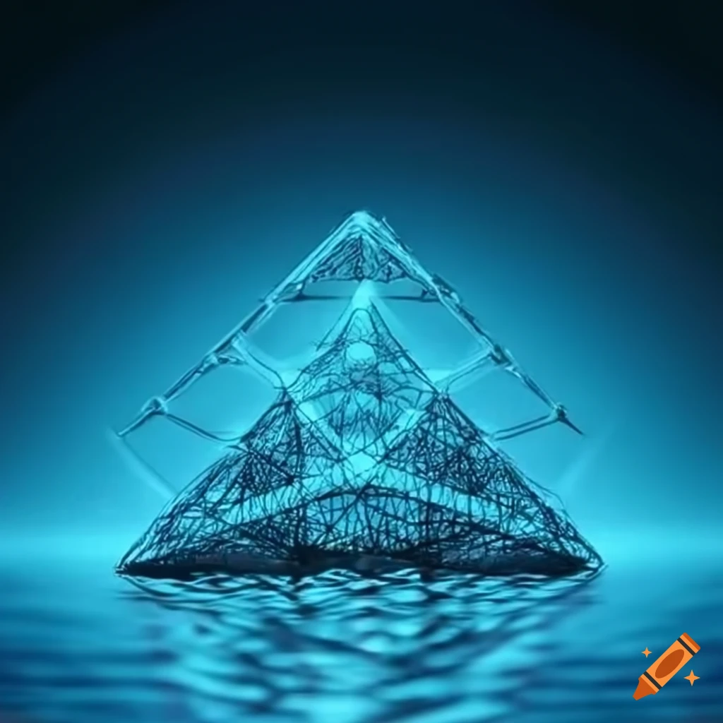 Tetrahedrons mesh with mathematical symbols in front of flowing water ...