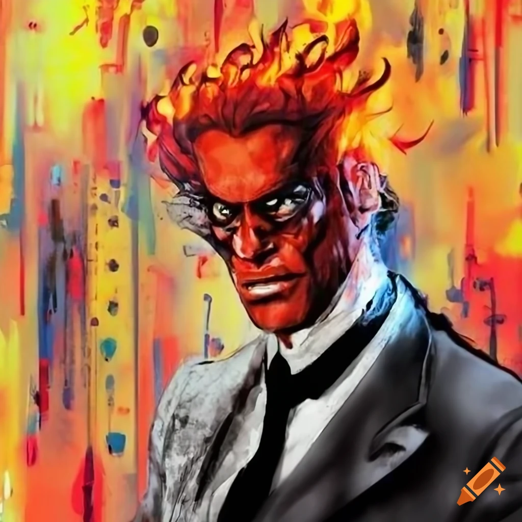 Evil superhero with flaming fire hair and cartoonish eyes by Bill ...