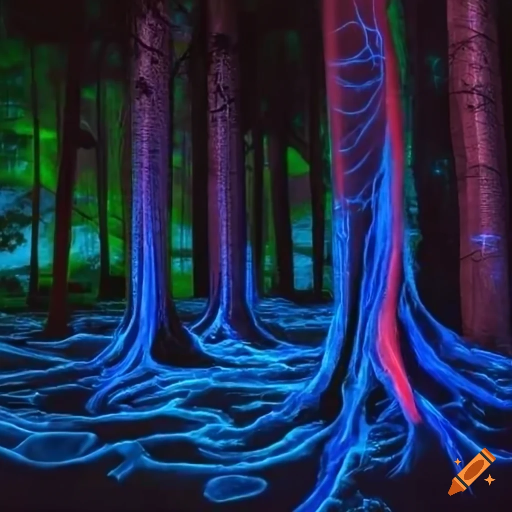 Biopunk paradise with glowing bioluminescent trees in a surreal forest on Craiyon