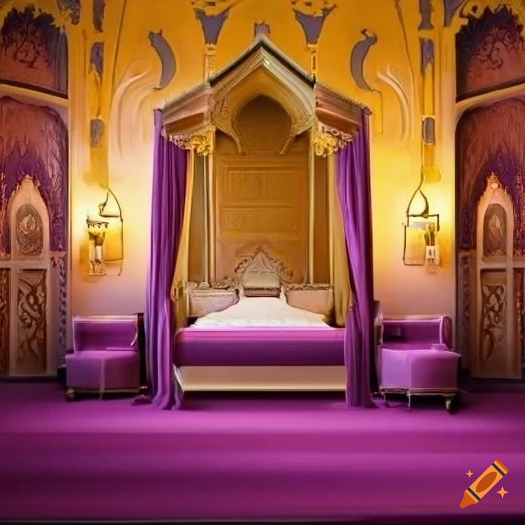 Arabian palace bedroom with a large purple bed and fine veils on Craiyon