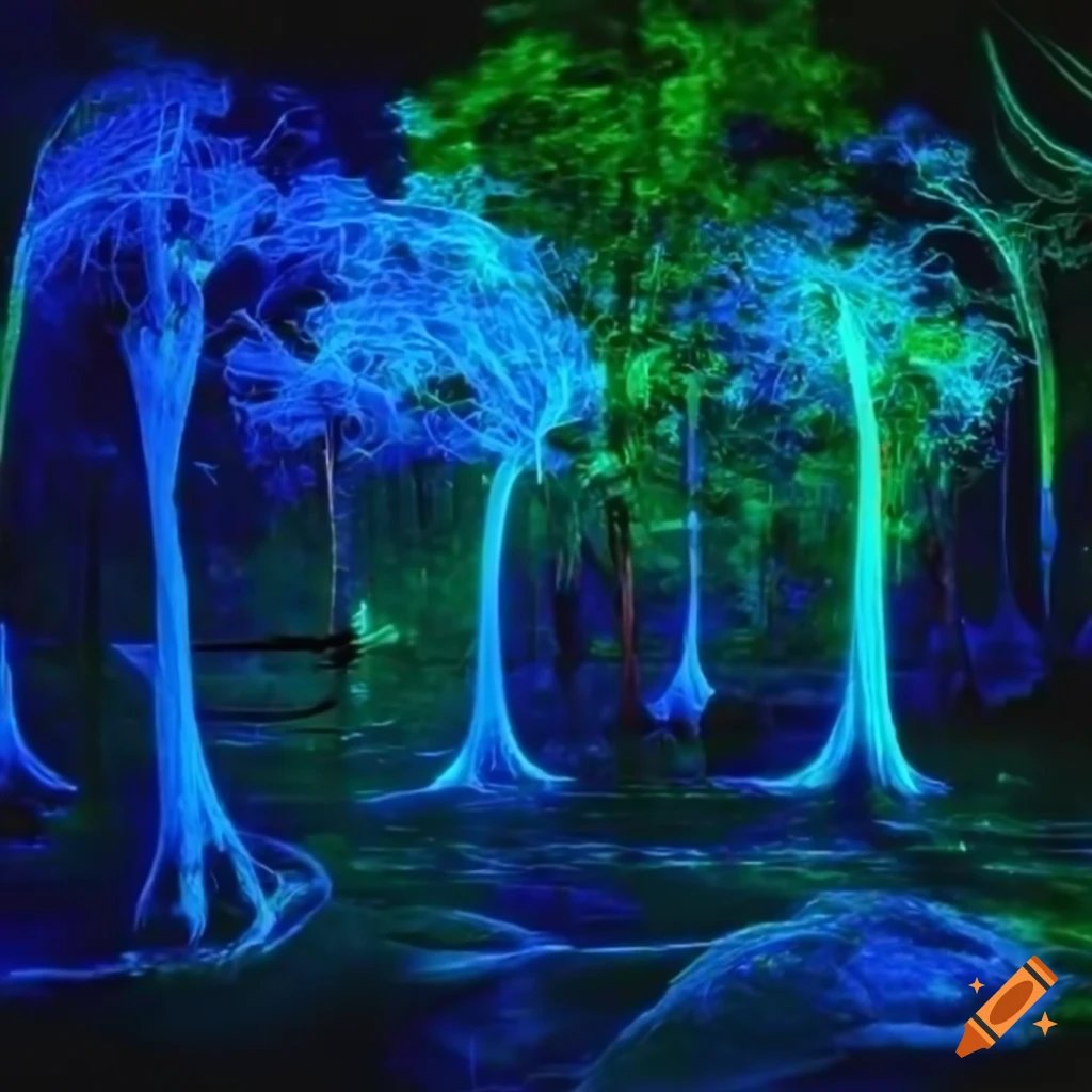 Surreal biopunk forest with glowing bioluminescent trees merging nature and technology on Craiyon