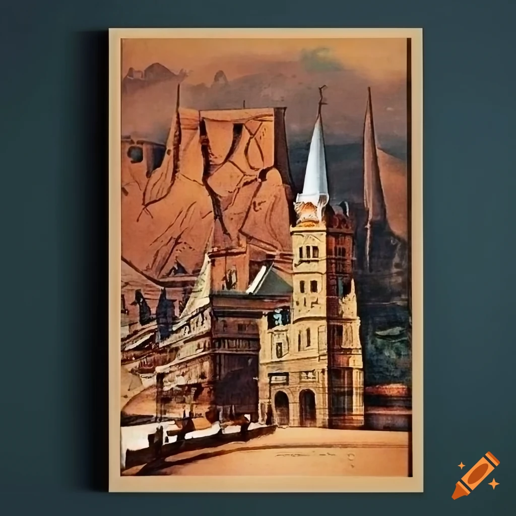 Vintage adventure travel poster with stave carvings in a vibrant ...