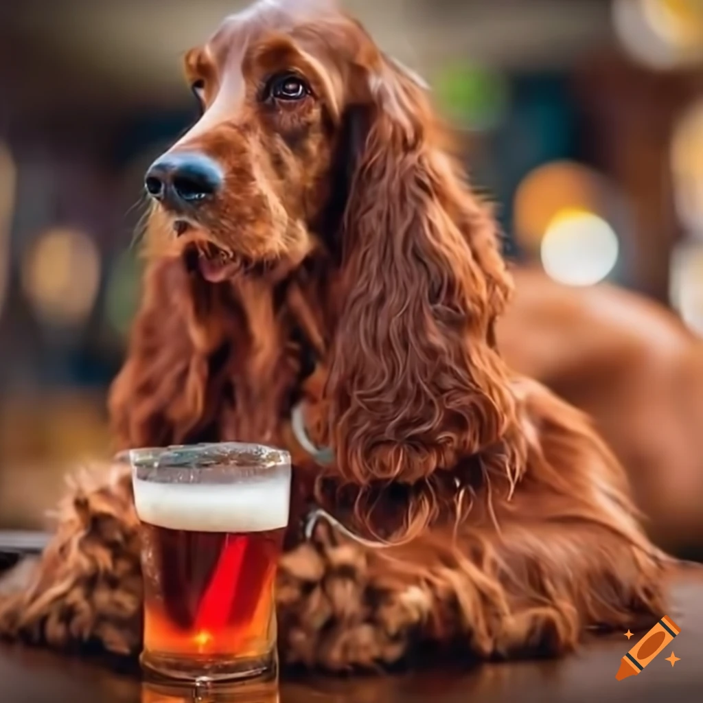 Red Irish setter dog enjoying a drink in an Irish pub on Craiyon