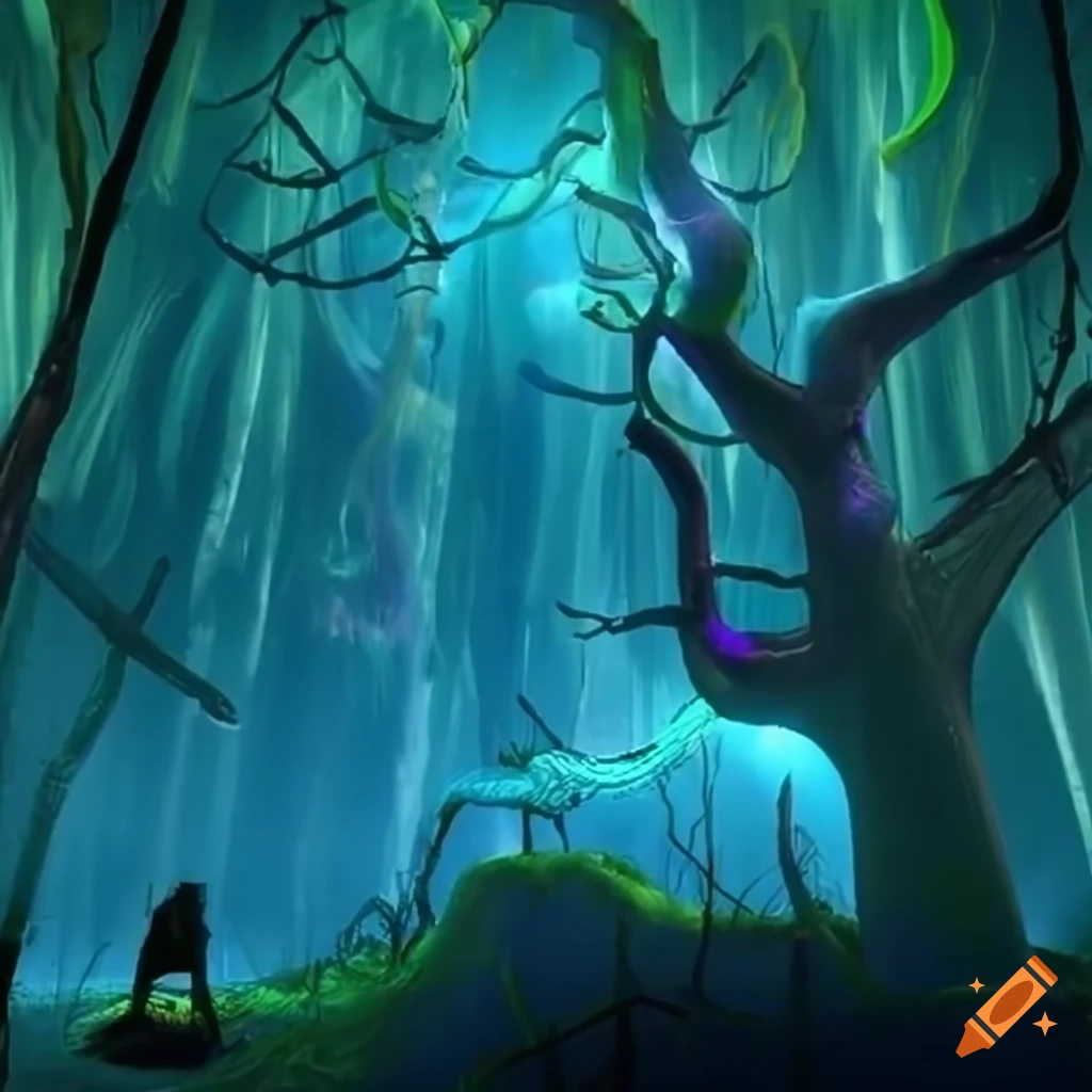 Biopunk surreal forest with towering bioluminescent trees merging ...