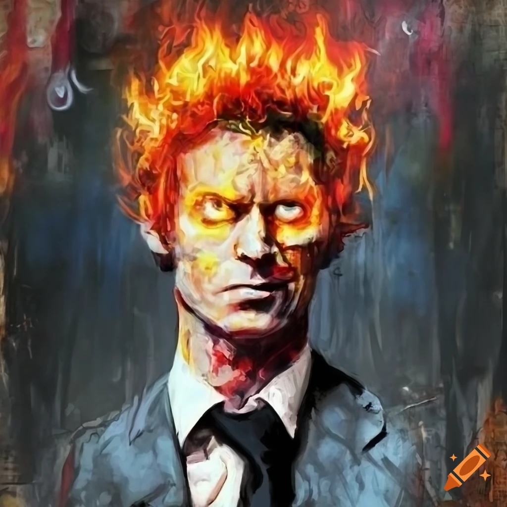 Evil superhero with flaming fire hair and insane eyes by Bill ...