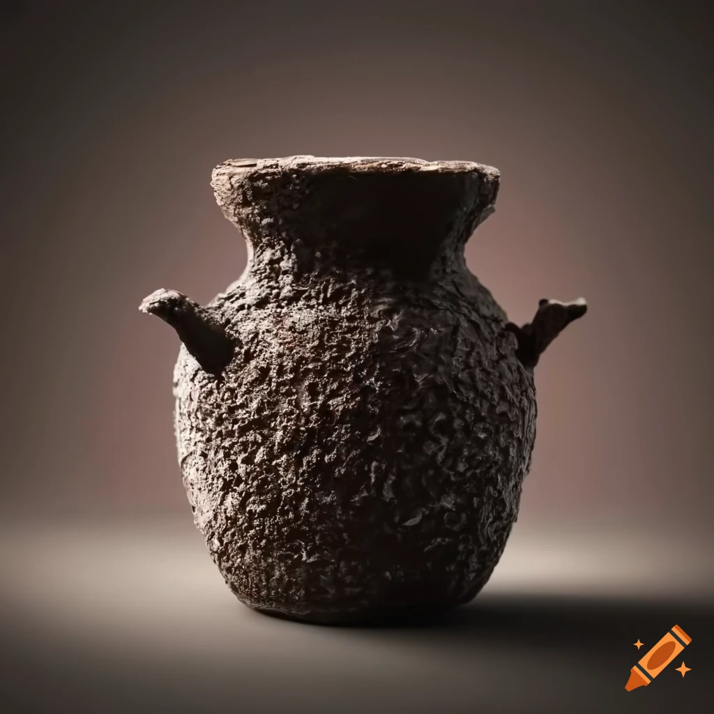 Dark clay jar with rough bark-like surface and crystalline glazing on ...