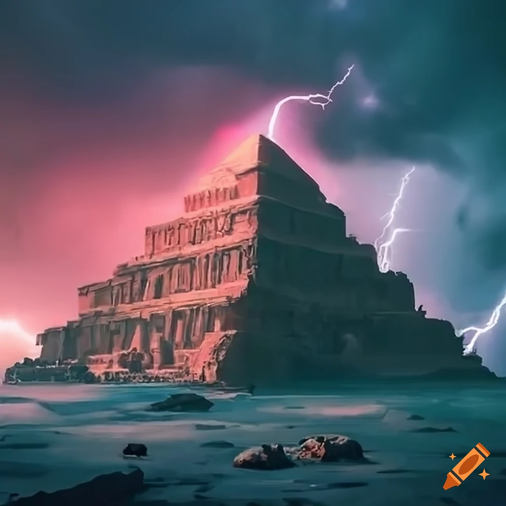 Epic pyramid in ancient Egyptian ruins during an apocalyptic storm with ...