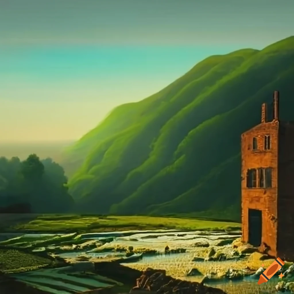 Magritte inspired terrace farm with irrigation shallow pools in ...