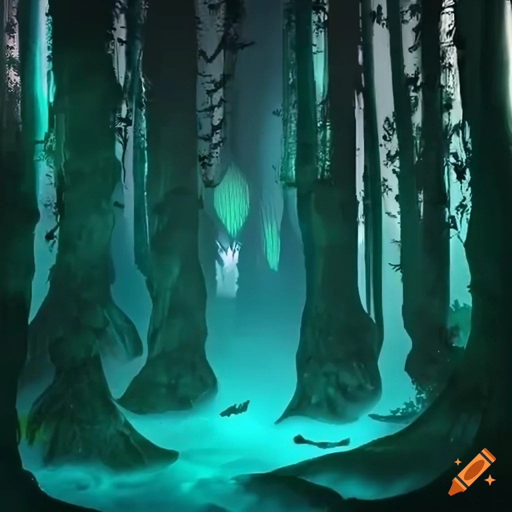 Biopunk surreal forest with towering bioluminescent trees merging ...