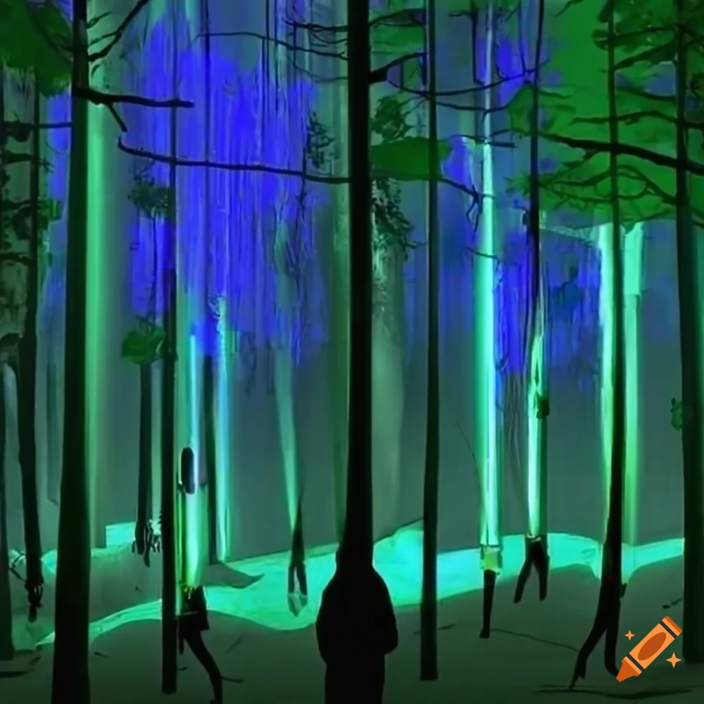 Biopunk surreal forest with towering bioluminescent trees merging nature and technology on Craiyon