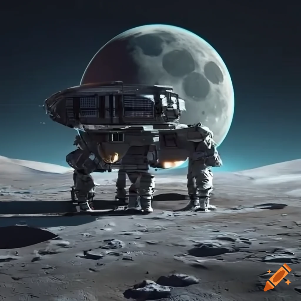 Futuristic lunar base with astronauts exploring the moon's surface on ...