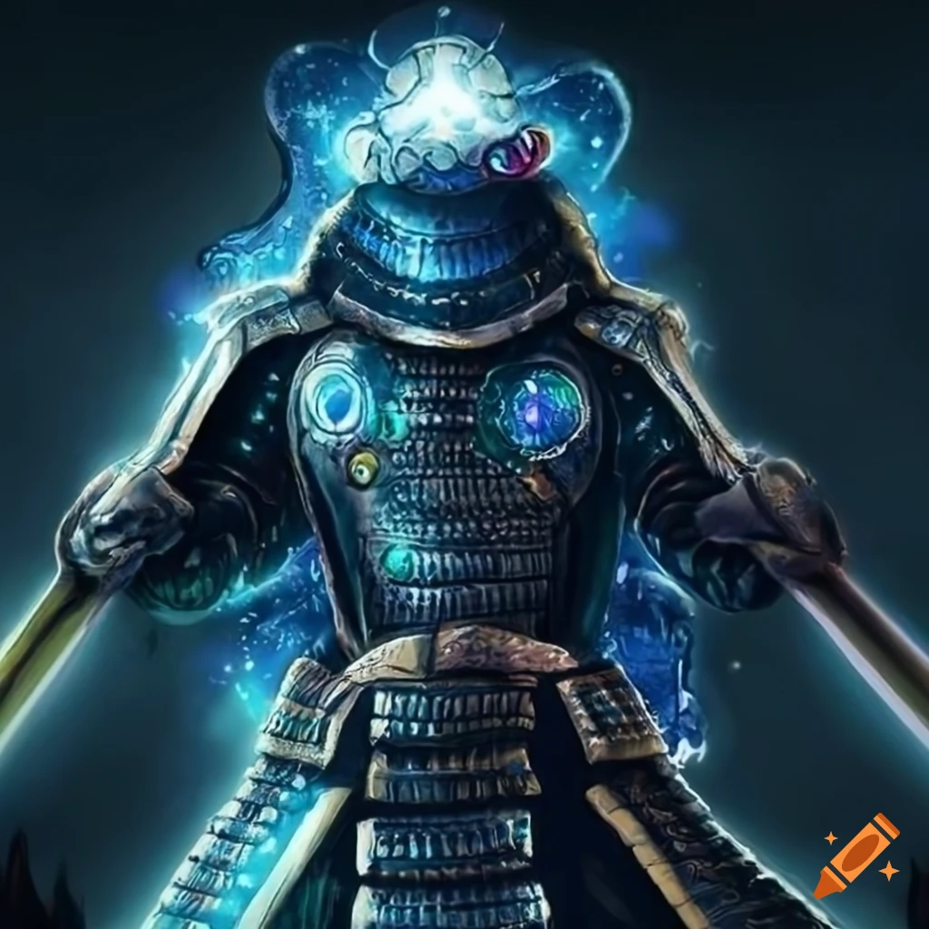 Cosmic goo alien in samurai armor with lightsaber and long bow posing ...