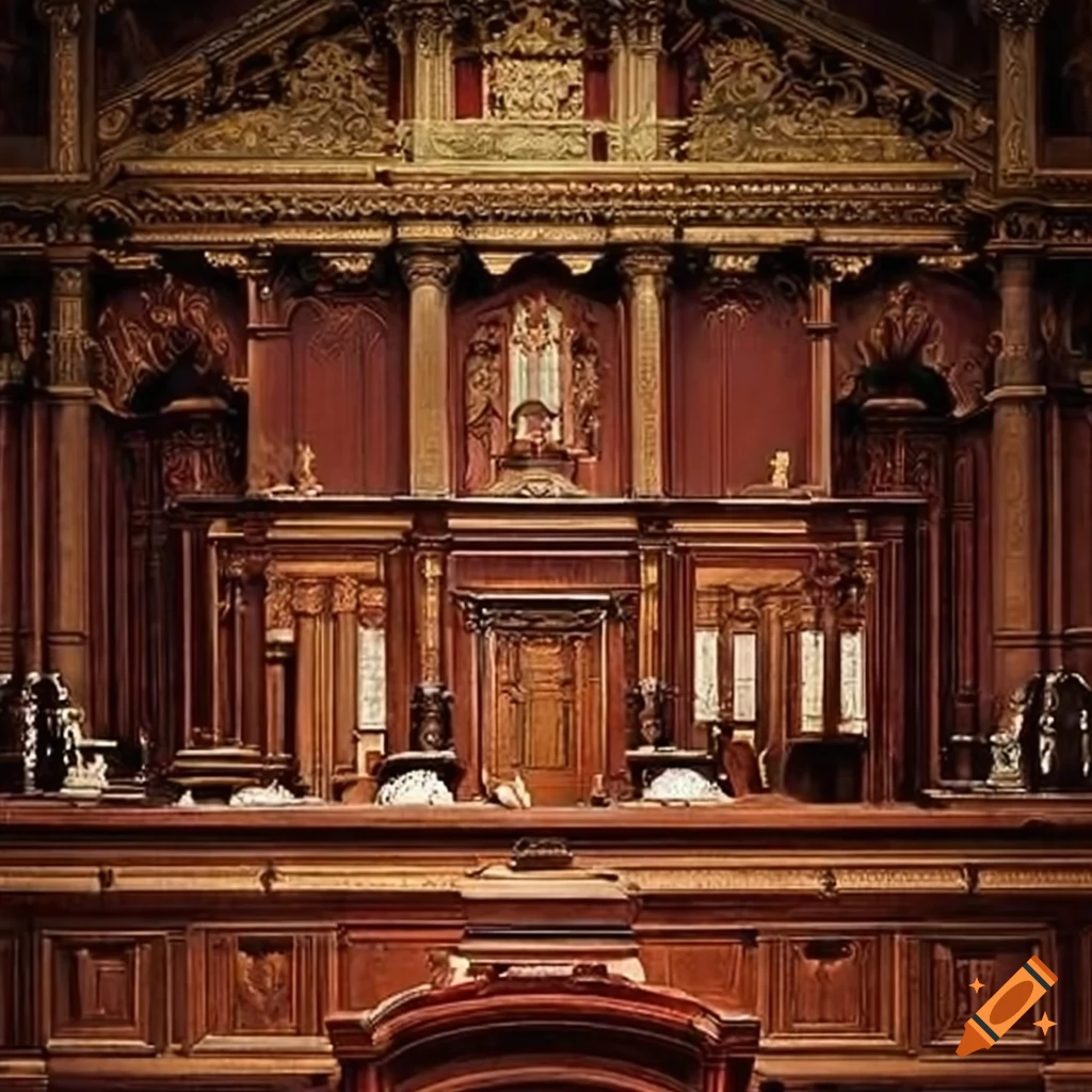 Ornate victorian-era courtroom with judges and lawyers in session on ...