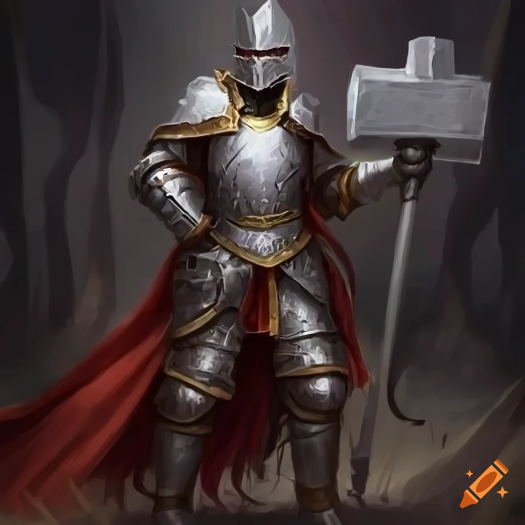Fantasy knight character wielding a war hammer without helmet on Craiyon
