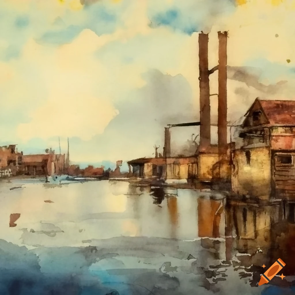 Watercolor of an old factory on water with a silhouetted man on Craiyon