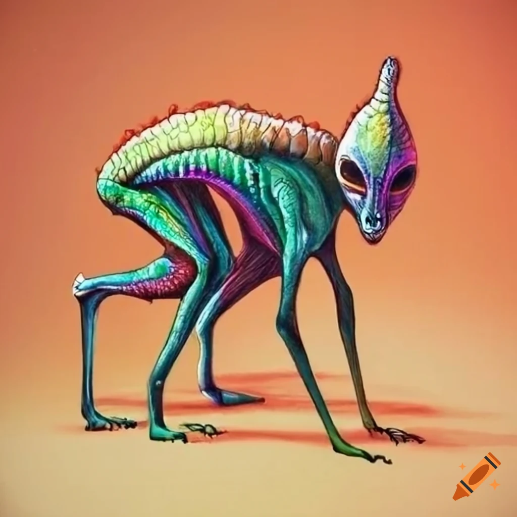 Scientific diagrams of colored pencil alien animals with labels on Craiyon