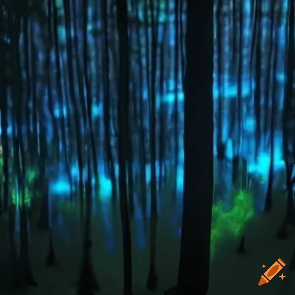 Biopunk forest merging nature and technology with glowing bioluminescent trees on Craiyon