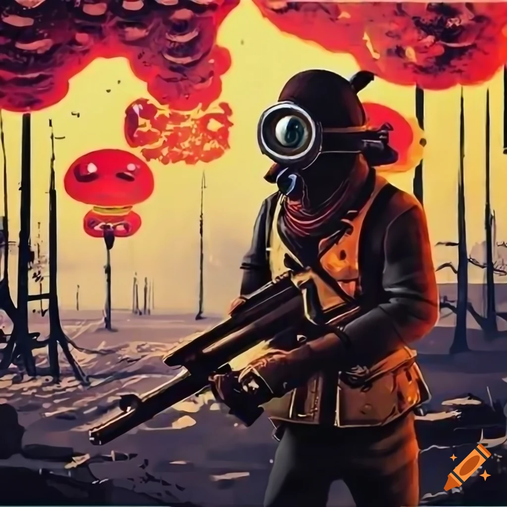 World War Three propaganda poster with retro figure wearing gas mask on ...