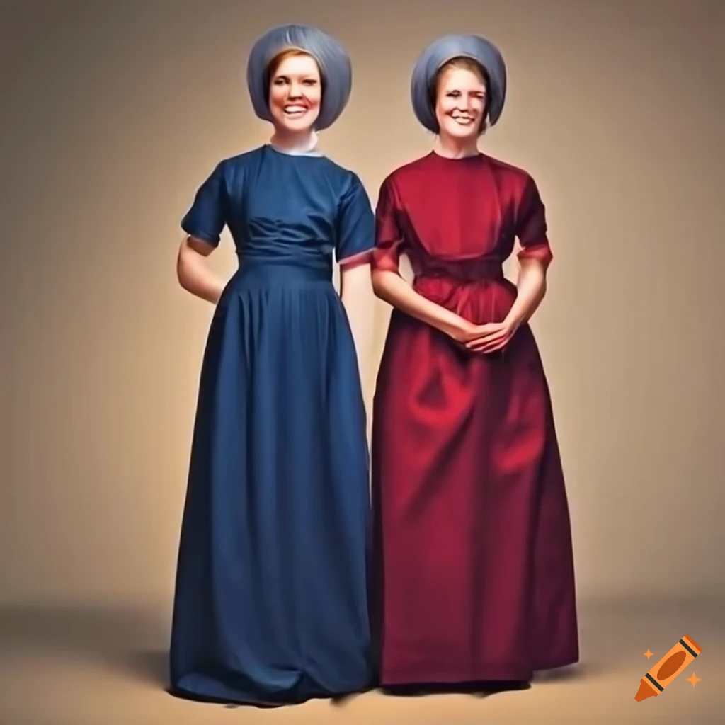 Two amish women in traditional dresses smiling sweetly on Craiyon