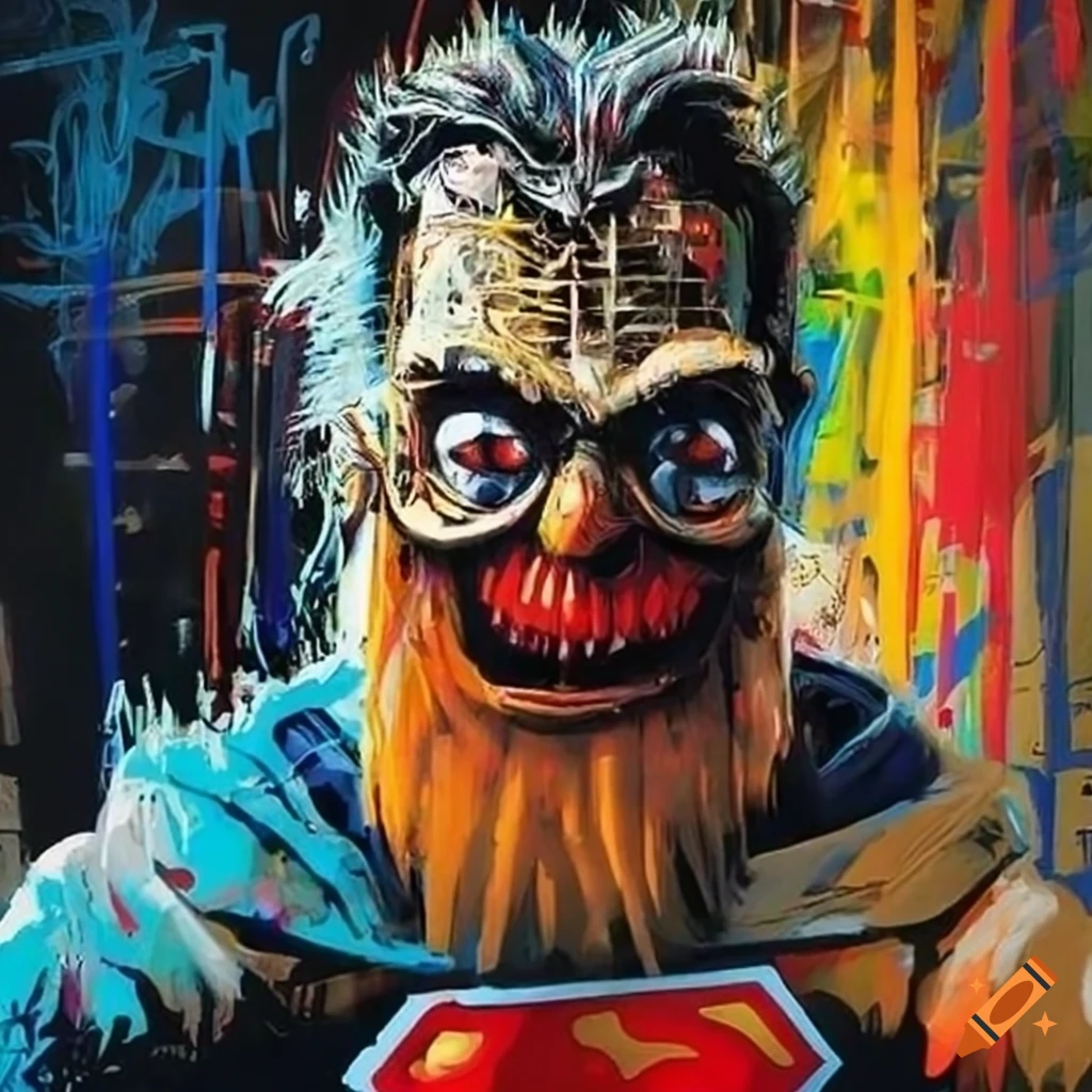 Evil mutant superman supervillain with scary eyes in a basquiat-art ...