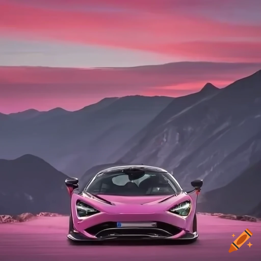 Pink sunset with mountains and a mclaren 765lt on Craiyon