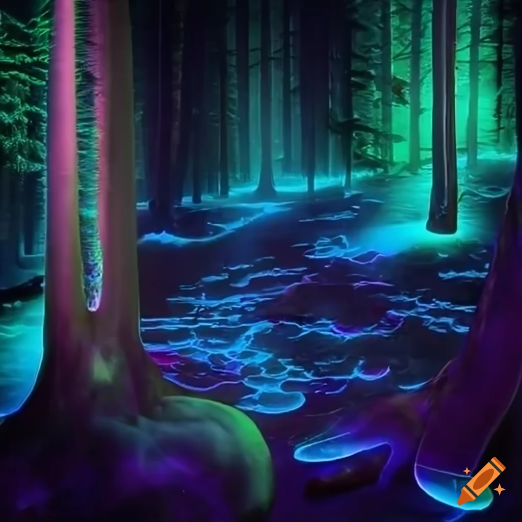 Biopunk paradise with glowing bioluminescent trees merging nature and technology on Craiyon