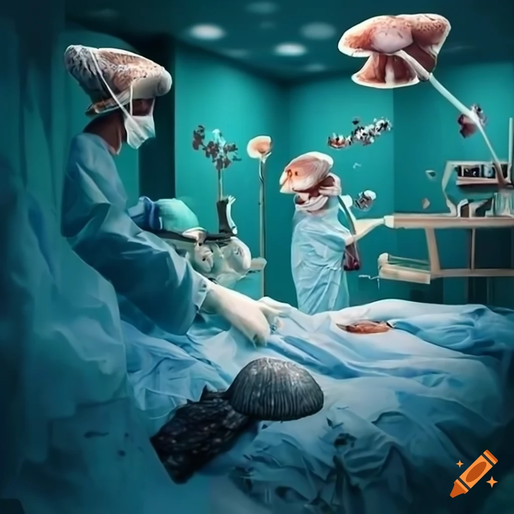 Surreal surgical room with mushrooms and surgeons on Craiyon