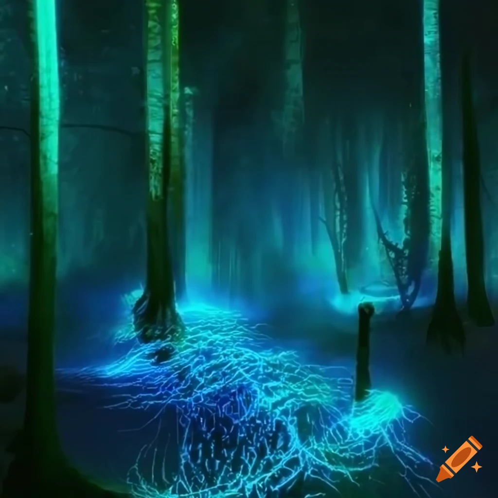 Biopunk paradise with glowing bioluminescent trees in a surreal forest on Craiyon