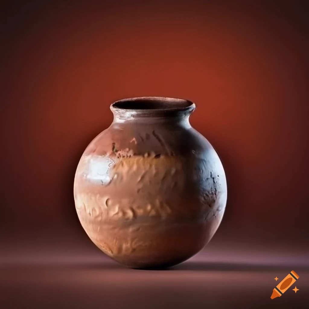 Rustic clay storage jar with a narrow spout and dark glaze resembling ...