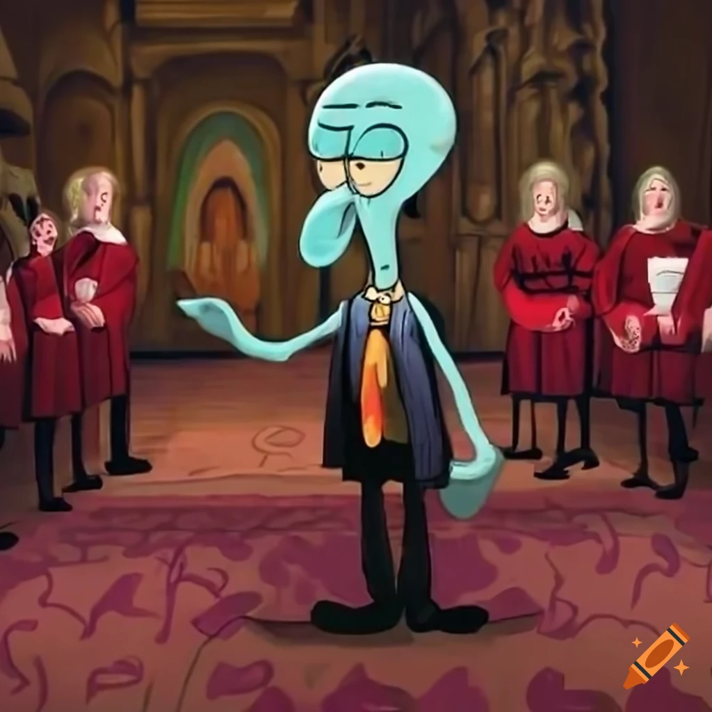 Squidward in formal attire singing with a choir in a music hall on Craiyon