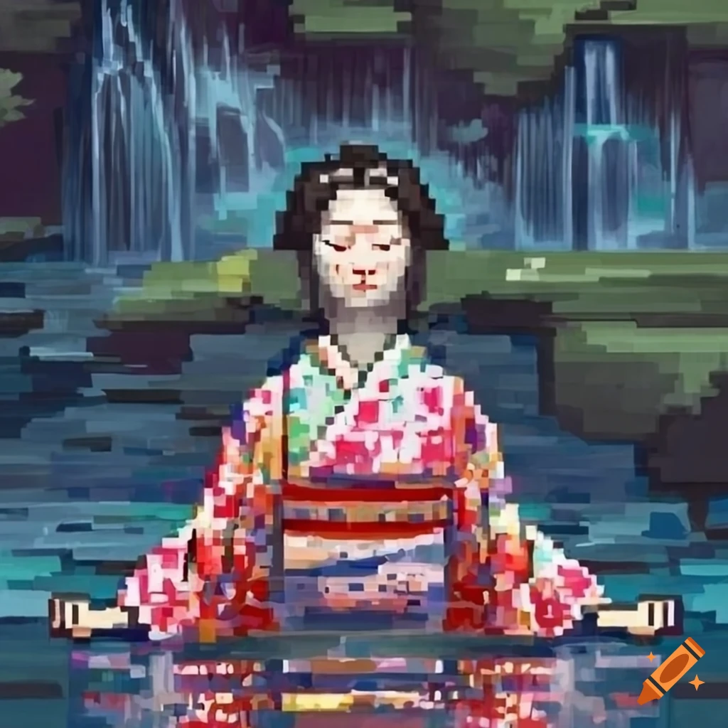 Japanese woman in kimono meditating under a waterfall in divine pixel art on Craiyon