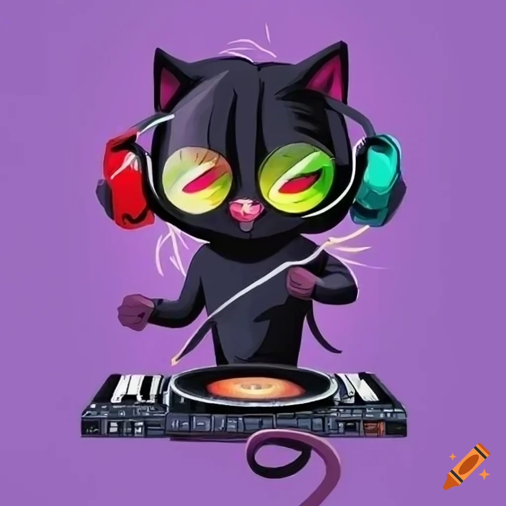 Black cat dj cartoon artwork on Craiyon