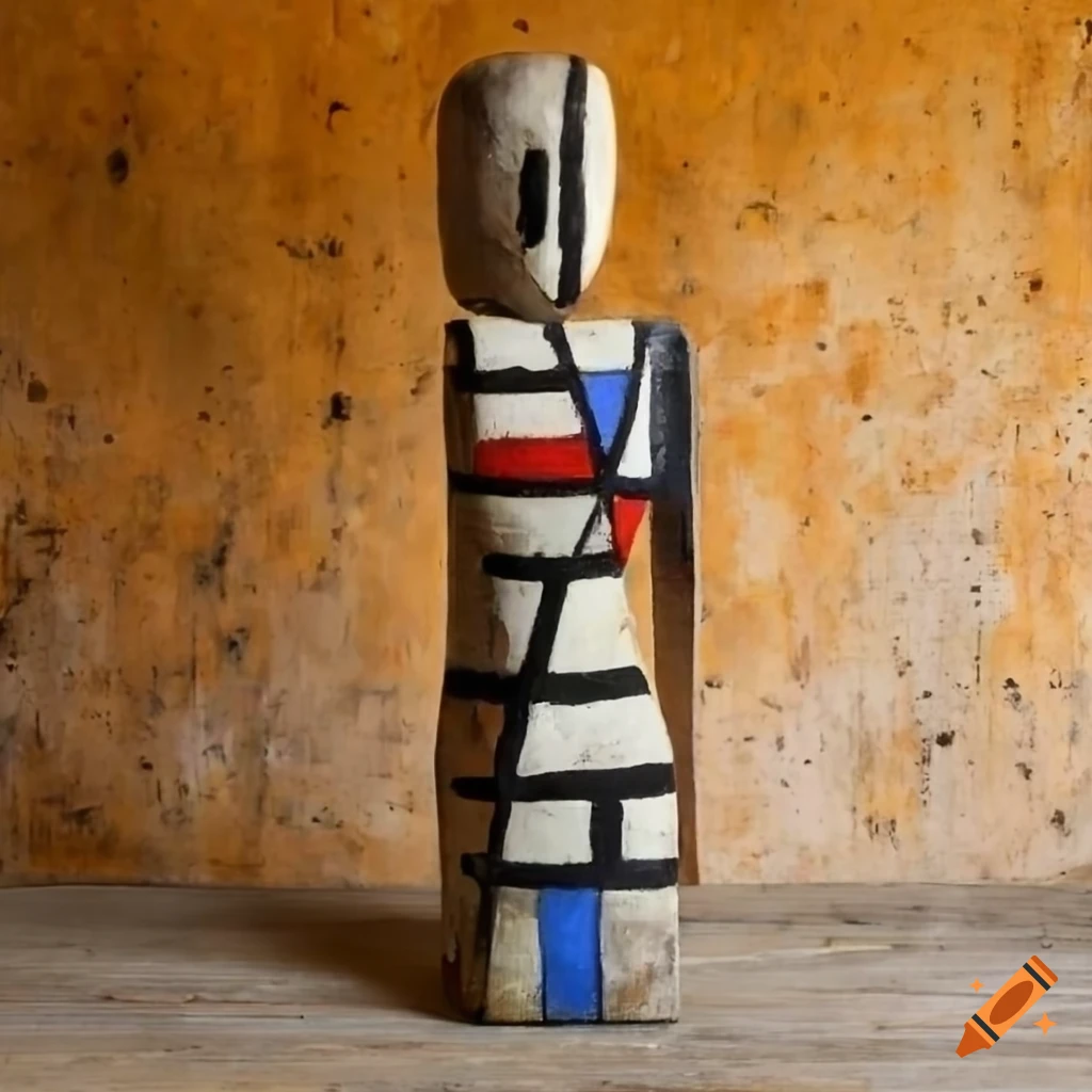 Rustic and primitive idol in the style of piet mondrian with weathered ...
